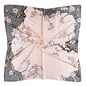 vabovin Elegant 35" Women's Satin Square Silk Feeling Large Neckerchief Fashion Accessory (Pale Pink Plum Blossom)