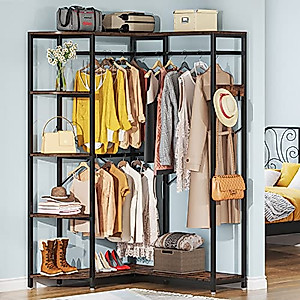 Tribesigns L-Shape Clothes Rack. Freestanding Clothing rack with Shelves & Side Hook, Heavy Duty Garment Rack Corner Wardrobe Closet Rack for Hanging Clothing, Rustic Brown