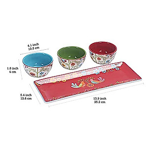 Bico Red Spring Bird Ceramic Dipping Bowl Set (9oz bowls with 14 inch platter), for Sauce, Nachos, Snacks, Microwave & Dishwasher Safe