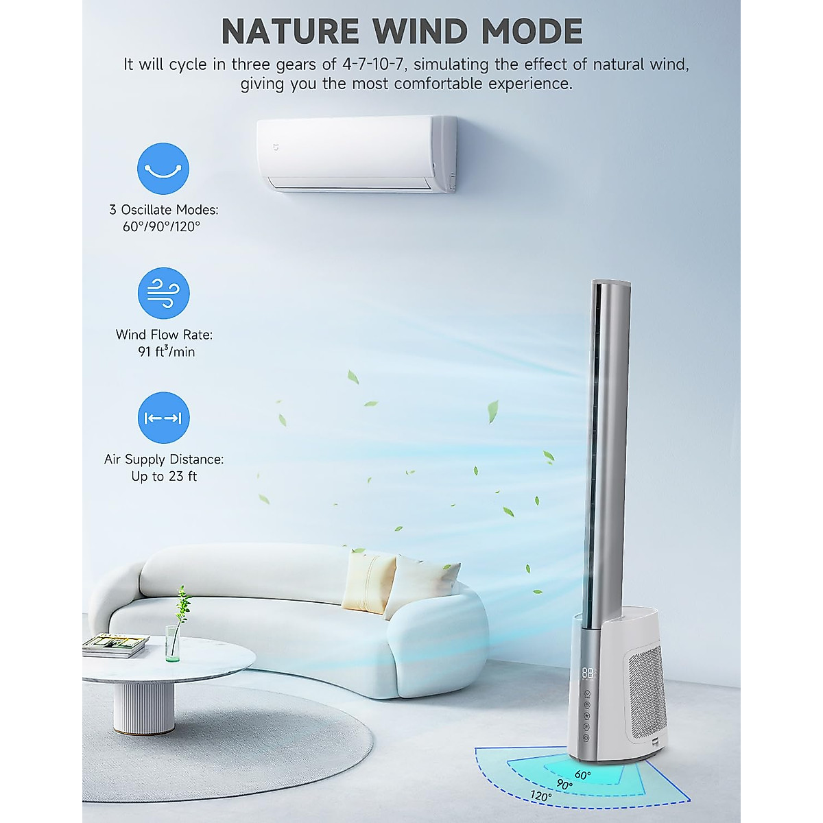 Gimify 40'' Bladeless Tower Fan for Home with Remote Control, Quiet 120° Oscillating Fan with 3 Modes 12 Wind Speeds,12H Timer, Standing Fan with HEPA Filter 99.97% Smoke Dust for Bedroom Office