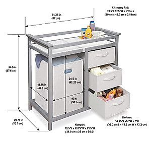 Badger Basket Modern Baby Changing Table with Laundry Hamper, 3 Storage Drawers and Pad, Diaper Change Station - Gray/White
