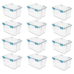 Sterilite 54 Quart Clear Plastic Stackable Storage Container Box Bin with Air Tight Gasket Seal Latching Lid Long Term Organizing Solution, 12 Pack