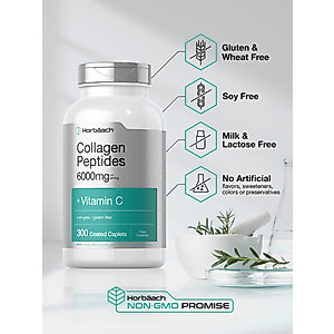 Horbäach Collagen Peptides 6000mg | 300 Caplet Pills | with Vitamin C | Hydrolyzed Collagen Supplement | Non-GMO, Gluten Free