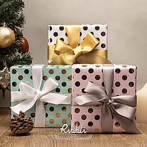 Ribbli Birthday Wrapping Paper Polka Dots Gift Wrap for Baby Shower Roll, 3 Rolls Pink White Blue Dots Pattern with Gold Foil - 17 inch x 120 inch(10feet) Per Roll