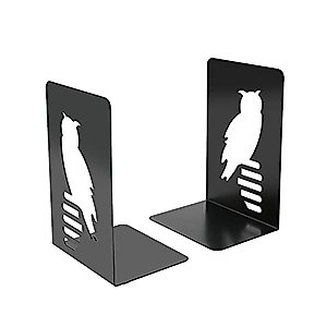 Bookends, Book Ends, Metal Bookend Heavy Duty Bookends for Shelve, Black Book Supports Non-Skid Book Stopper Cute Owl Bookshelf Holder for Office Home School, 1 Pair