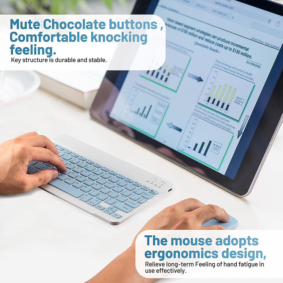 Bluetooth Keyboard and Mouse Combo Rechargeable Portable Wireless Keyboard Mouse Set for Apple iPad iPhone iOS 13 and Above Samsung Tablet Phone Smartphone Android Windows (10 inch Blue)