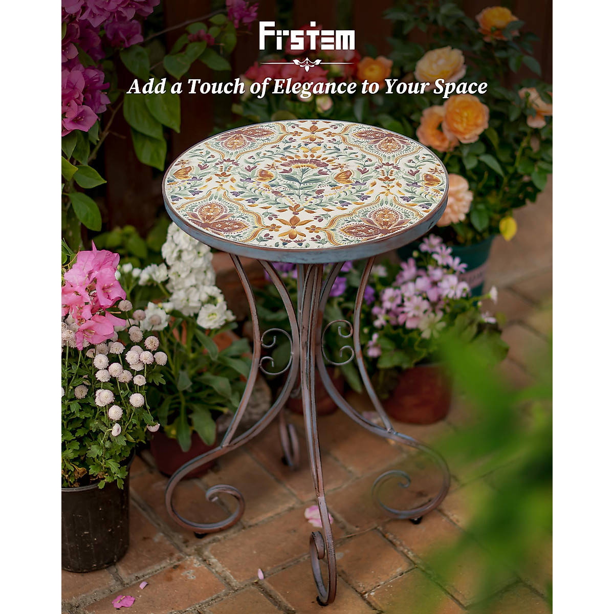 Frstem Mosaic Patio Table and Plant Stand, Outdoor Side Table for Patio with 14" Ceramic Tile Top, Weather Resistant Metal Round End Table Accent Table for Yard Porch Balcony Garden Bedside, Blossom