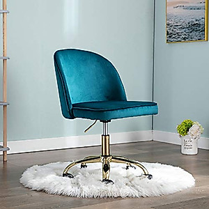 Guyou Pink Velvet Gold Desk Chair with Wheels Armless Upholstered Vanity Chair, Rolling Swivel Small Task Chair Home Desk Chair for Home Office Studio (Peacock Blue)