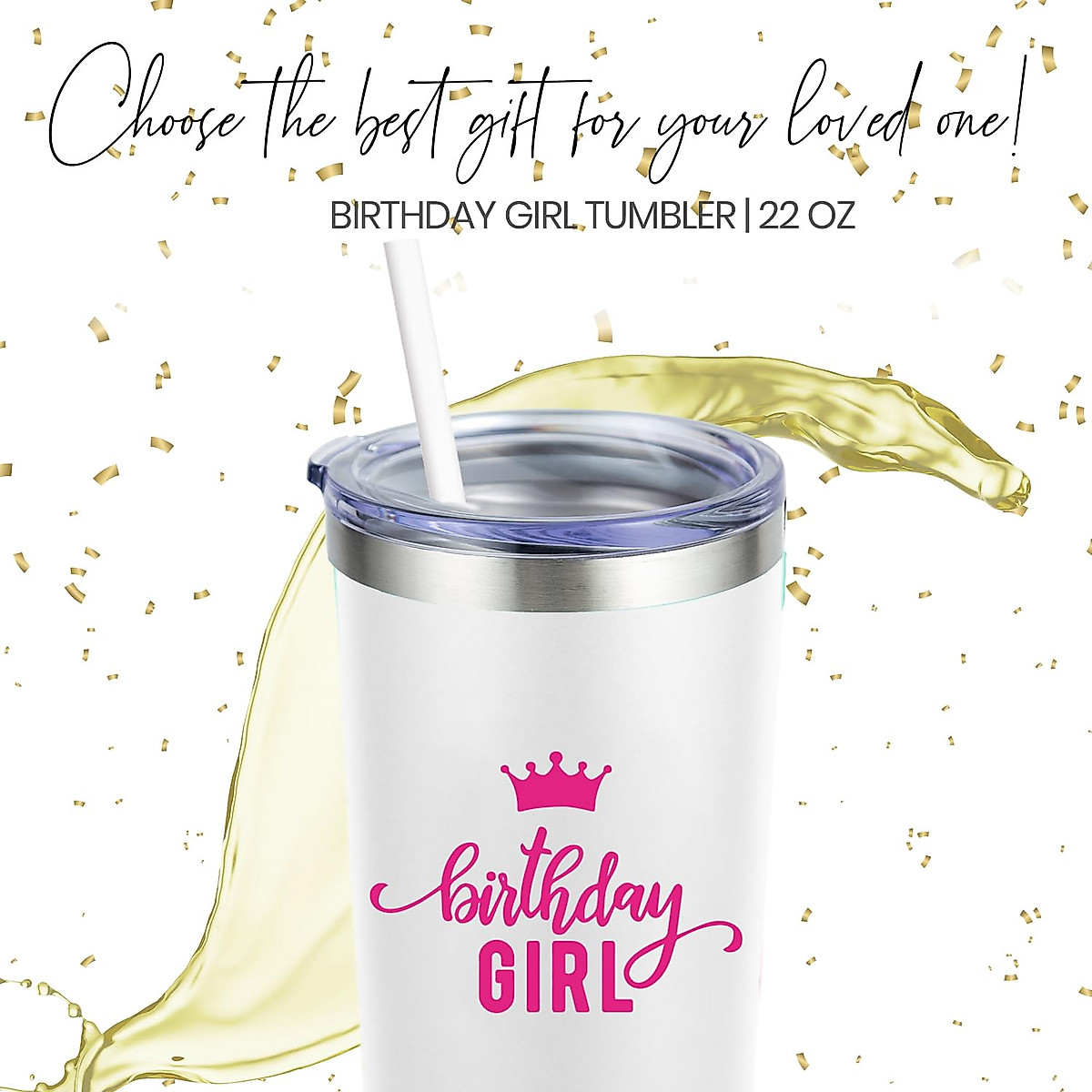 Your Dream Party Shop Birthday Girl Insulated Wine Tumbler - White Stainless Steel Cup for Women’s Celebrations - Birthday Tumbler For Women (22 oz)
