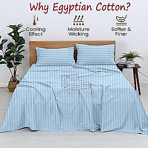 Olympic Queen Cotton Bed Sheets Set-400 Thread Count Cotton Sheets-4 Piece Sheet Set Fits Mattress Upto 12 Inch Deep Pocket Fitted Sheet-66 x 80 Size Sheets-Light Blue Stripe Olympic Queen Size Sheets