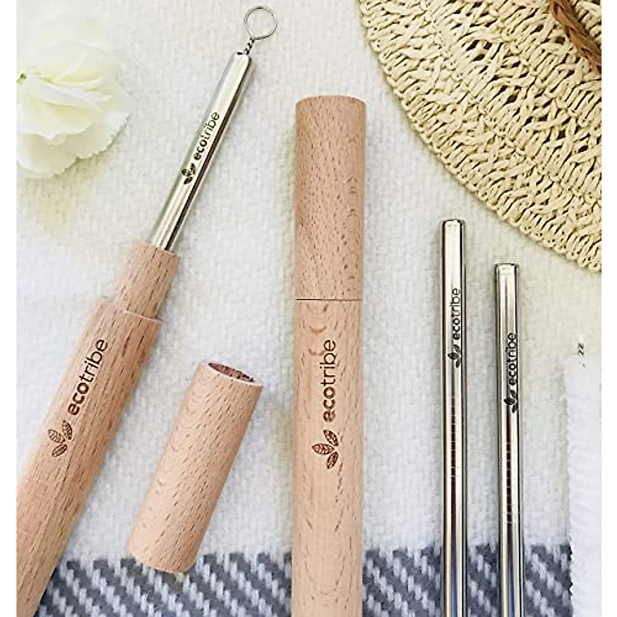 Reusable Metal Stainless Steel Straws: 2 Travel Reusable Straws + 1 Wooden Case + 1 Cotton Cleaning Brush + 1 Pouch, for Hot and Cold Drinks, Portable for Personal Use, 8.5 inches, by Ecotribe