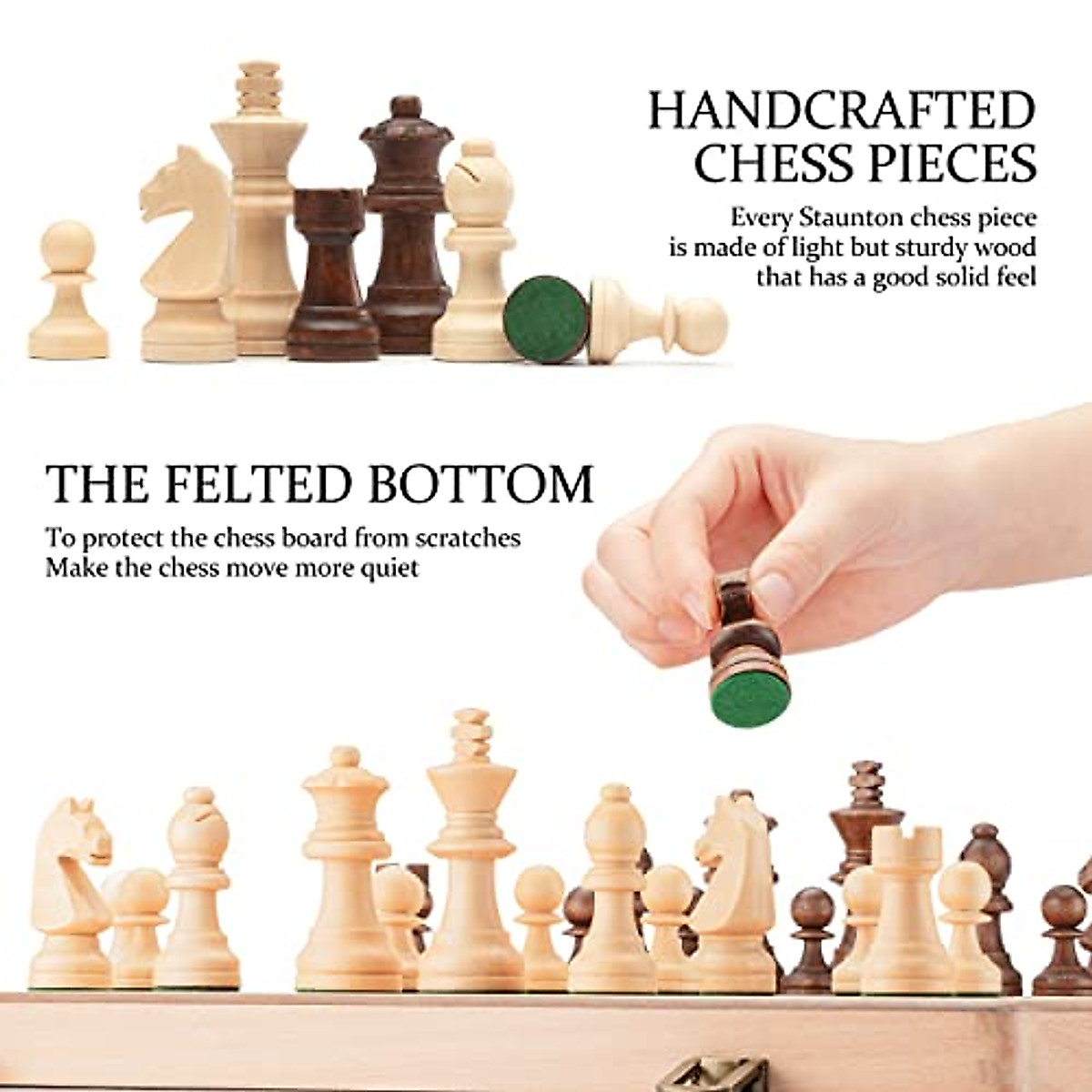 A&A 15 inch Wooden Folding Chess & Checkers Set w/ 3 inch King Height Staunton Chess Pieces / 2 Extra Queens - Beech Box w/Maple & Walnut Inlay