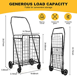 Realife Foldable Shopping Cart with Liner, Portable Utility Cart with Wheels for Grocery and Heavy Duty, 120lbs, Black