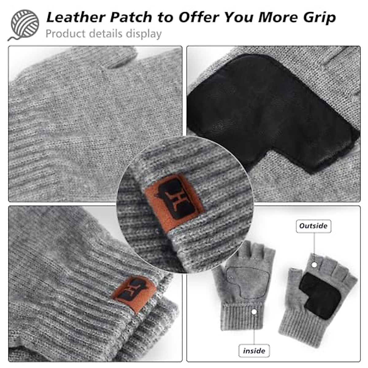 MAYLISACC 2 Pair Half Finger Knit Gloves without Finger Tips Winter, Warm Fingerless Gloves for Typing Stretchy Knit Grey