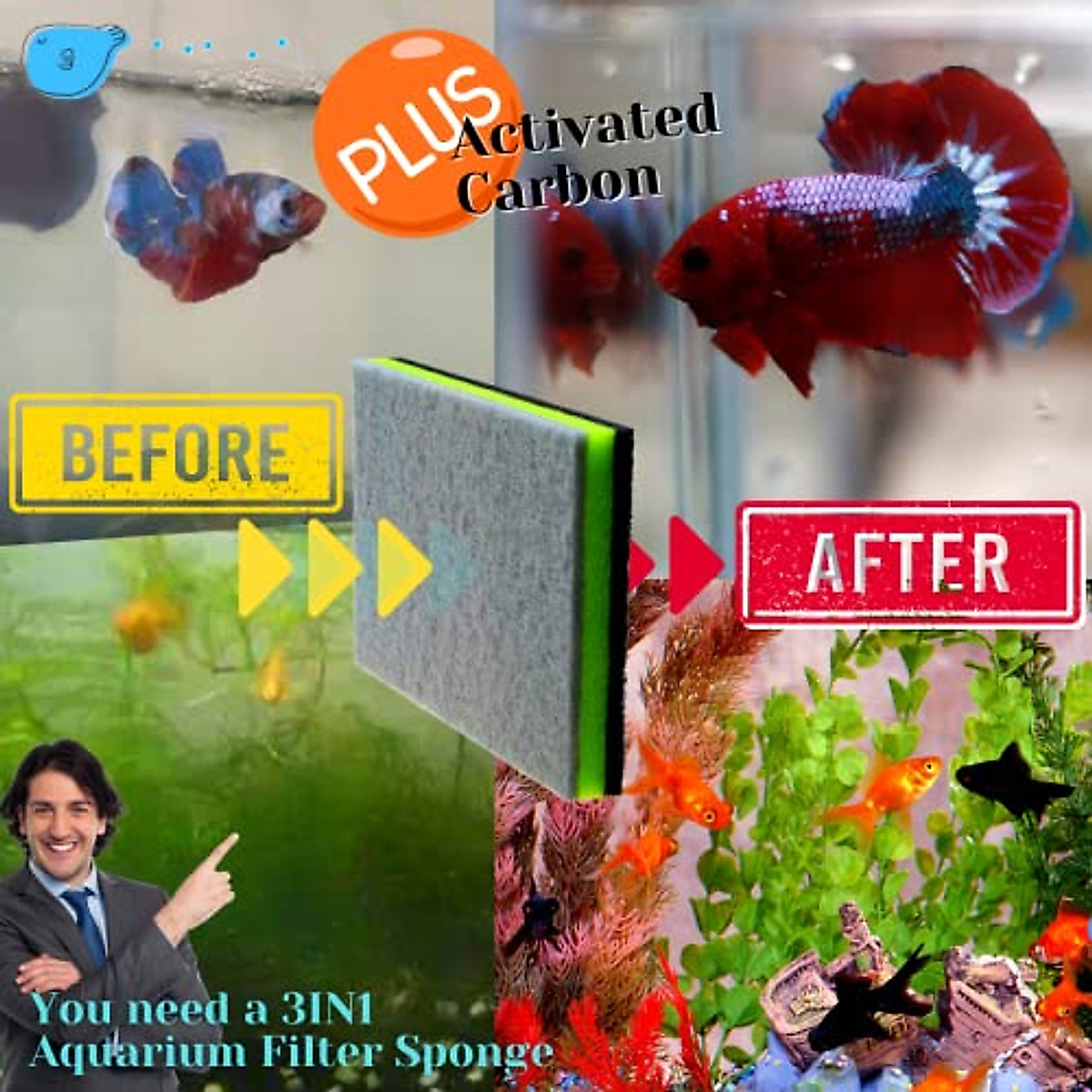 3IN1 Aquarium Filter Sponge Foam Pads - Filter Media For 20 Gallon Betta Fish Tank Supplies, Brine Shrimp Coarse Sponge Bio Filter Sheet - Filter Sponge Accessories (Plus Activated Carbon)