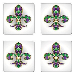 Ambesonne Fleur De Lis Coaster Set of 4, Golden Yellow Colored Lily with Diamond Shapes Royalty Theme, Square Hardboard Gloss Coasters, Standard Size, Green Purple