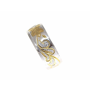 Arthur's Jewelry 925 sterling silver Hawaiian plumeria flower scroll yellow gold plated kuuipo band ring smooth edge size 8.5