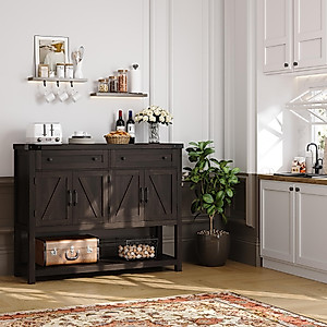 HOSTACK Buffet Sideboard Cabinet with Storage, 47.2" Modern Farmhouse Coffee Bar with 2 Drawers, Barn Door Console Table with Shelf for Kitchen, Dining Room, Living Room, Entryway (Dark Brown)