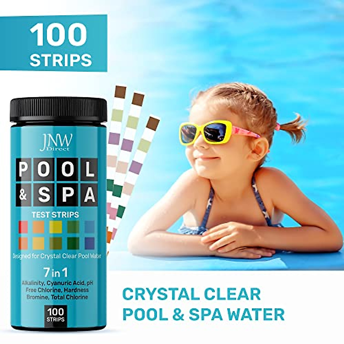 Pool Test Strips, 7in1 Quick & Accurate Pool and Spa Test Strips, Pool Water Test Kit - 100 Bromine, pH, Hardness, Alkalinity, Chlorine Pool Water Tests, Spa and Hot Tub Test Strips with E-Book - JNW