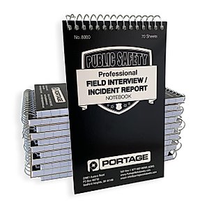 Portage Public Safety Police Field Interview Notebook – Top Bound Spiral Notebook with Template for Interviews, Accidents & Incident Reports – 3.75 x 6 Inches, 70 Sheets, 140 Pages, (Pack of 12)