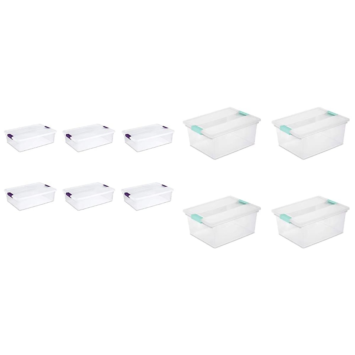 Sterilite 32 Quart/30 Liter ClearView Latch Box, Clear with Sweet Plum Latches, 6-Pack & Deep Clear Plastic Stackable Storage Container Bin Box Tote with Clear Latching Lid Organizing Solution, 4 Pack
