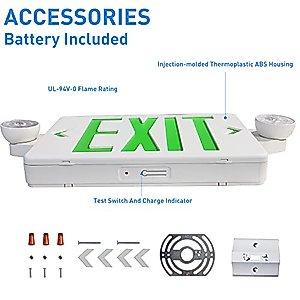 OSTEK Green Exit Sign with Emergency Exit Lights, 2 Adjustable Head Lights, Double Face and 90min Long Backup Battery, ABS Fire Safety Emergency Exit Light (UL Certified 120-277V)(UL 94V-0)