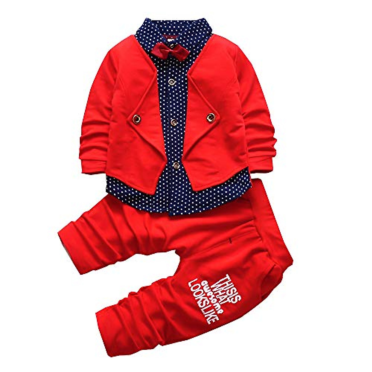 HZXVic Toddler Boy Gentleman Outfits Suit,Baby Tuxedo Dress Shirt with Bowtie + Pants Clothes Sets (Red, 18M)