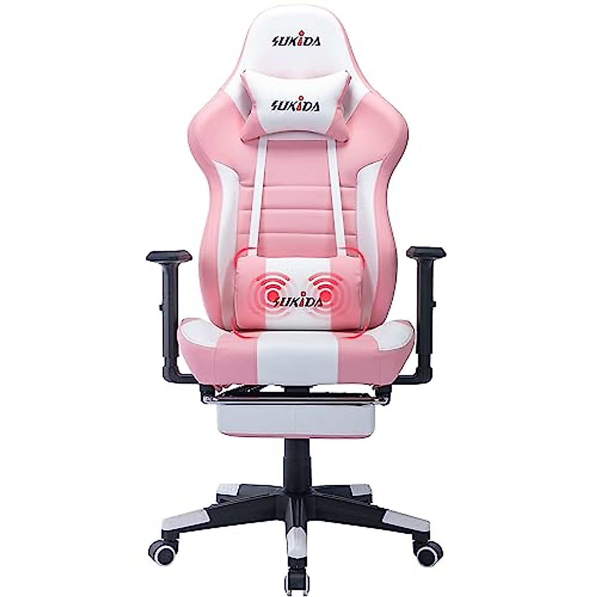 Game Chair with Footrest - Pink Gaming Chair with Massage, Swivel Ergonomic Video Gamer Chairs Leg Rest Height Adjustable Headrest Lumbar Support Backrest Recliner Esports for Adult