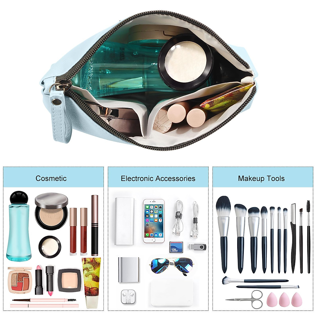 Cosmetic Bags for Women Small Makeup Bag for Purse Pu Leather Makeup Pouch Travel Makeup Bag with Zipper Make Up Bag for Travelling (Blue)