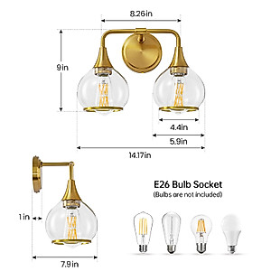 HAHZT Gold Bathroom Light Fixtures 2-Lights Vanity Lights with Clear Glass Shade Bathroom Vanity Light 14 Inch Wall Sconces(Exclude E26 Bulb)…