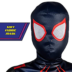 Marvel Miles Morales Official Youth Halloween Costume - Printed Jumpsuit with Fabric Mask (M) Black