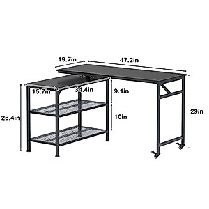soges Reversible L Shaped Desk, 360° Free Rotating Corner Computer Desk, 47 inch L Desk with Storage Shelves for Home Office, Modern Study Writing Table Workstation, Black