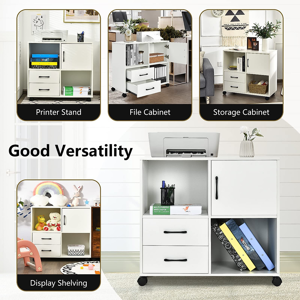 Giantex Printer Stand Under Desk - Mobile File Cabinet with 2 Drawers, Lateral Cabinet, 2 Open Compartments, Lateral Rolling Filing Cabinet on Wheels for Home & Office Use Printer Table (White)
