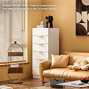 GipGiper Dresser for Bedroom with 6 Drawers, Tall White Dresser for Closet, Living Room, Nursery, Modern Storage Cabinet with Full High Glossy Panel, 13.7''D x 18.5''W x 43.3''H (Glacier White)