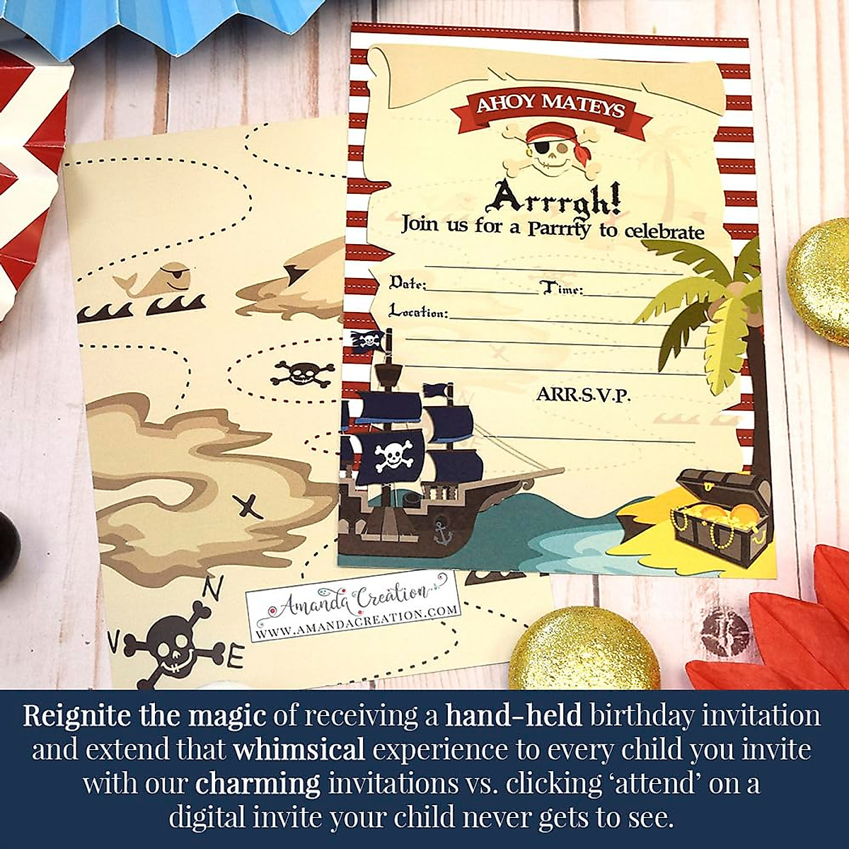 Amanda Creation Pirate Treasure Map Birthday Party Fill in Invitations set of 20 with envelopes