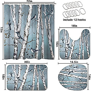 DuoBaorom 4 Pieces Set Birch Tree Shower Curtain Set Abstract Blue White Forest Birds Picture on Non-Slip Rugs Toilet Lid Cover Bath Mat and Bathroom Curtain with 12 Hooks 72x72inch