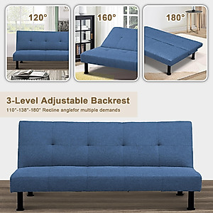 SumKea Convertible Flannel Sofa Adjustable Futon Couch Bed with Sturdy Legs for Living Room and Bedroom, Blue