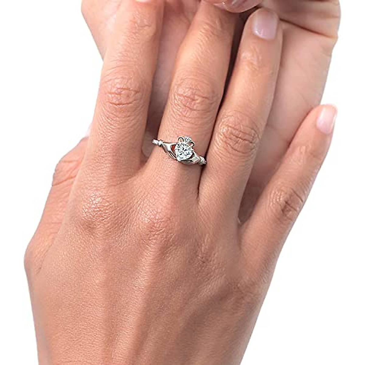 VINSON 14K White Gold Plated Silver Created Solitaire Irish Celtic Claddagh Ring Forever Brilliant Heart Shape 0.80cttw Moissanite (8.5)