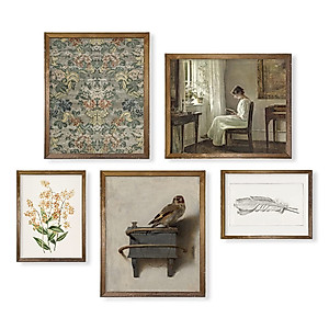Vintage Farmhouse Botanical Wall Decor | Bird Neutral Portrait Wall Art for Boho French Country Kitchen Bathroom Bedroom Picture Poster Print I Flower Room Decor Aesthetic Cottagecore Plant 5 Set