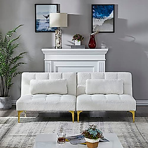 Convertible Couch Bed Futon with Gold Metal Legs, Modern Multi-Functional Convertible Sofa Bed, Teddy Fabric, Small Sectional Sofa, Perfect for Living Room, Bedroom, Office, Apartment (White)