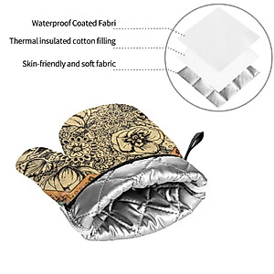 KLATIE Boho Oven Mitts and Pot Holders Sets of 4, Heat Resistant Hot Pad, Bohemian Style BBQ Gloves for Kitchen, Cooking, Baking, Grilling