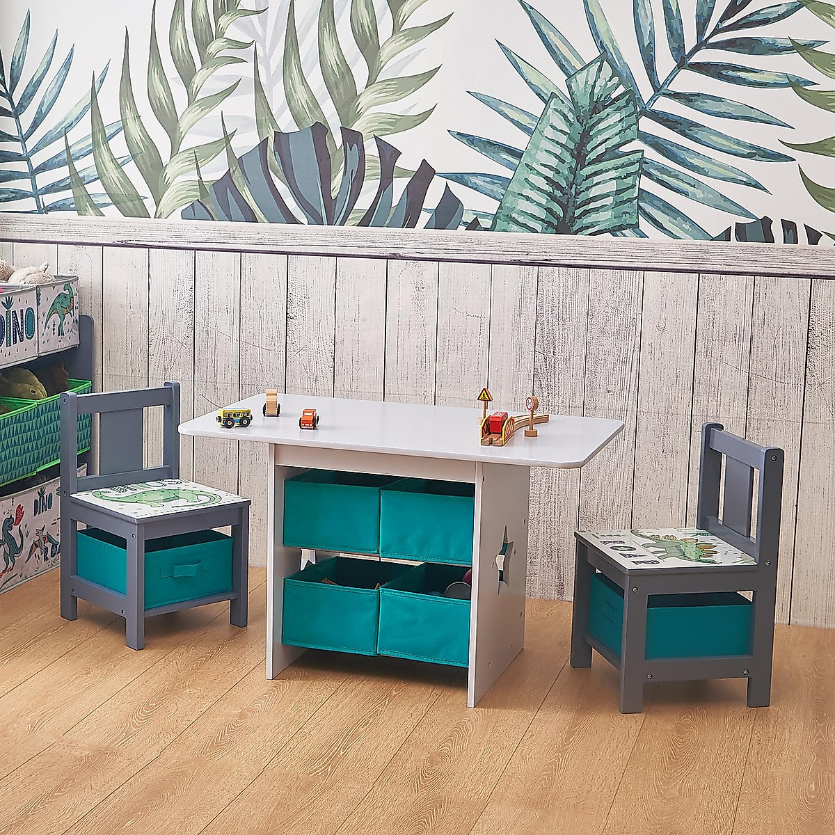 LuxenHome Kids Art Play Activity Table with Storage Shelf and Chair Set with Storage Baskets for Toddlers Drawing, Reading, Crafts, Play, Blue & Gray