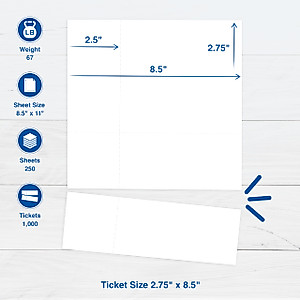 PrintWorks Raffle Tickets, Perforated Cardstock for Tickets with Tear-Away Stubs, 8.5 x 11, 67lb/147gsm, 4 Tickets Per Sheet, 250 Sheets, 1000 Tickets Total, White (04295) (2.75 x 8.5)