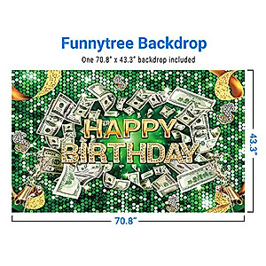 Funnytree 70.8" x 43.3" Money Birthday Backdrop Green Happy Birthday Party Banner Glitter Diamond Luxury Champagne Background Supplies Cake Table Decor Gifts Photobooth Props