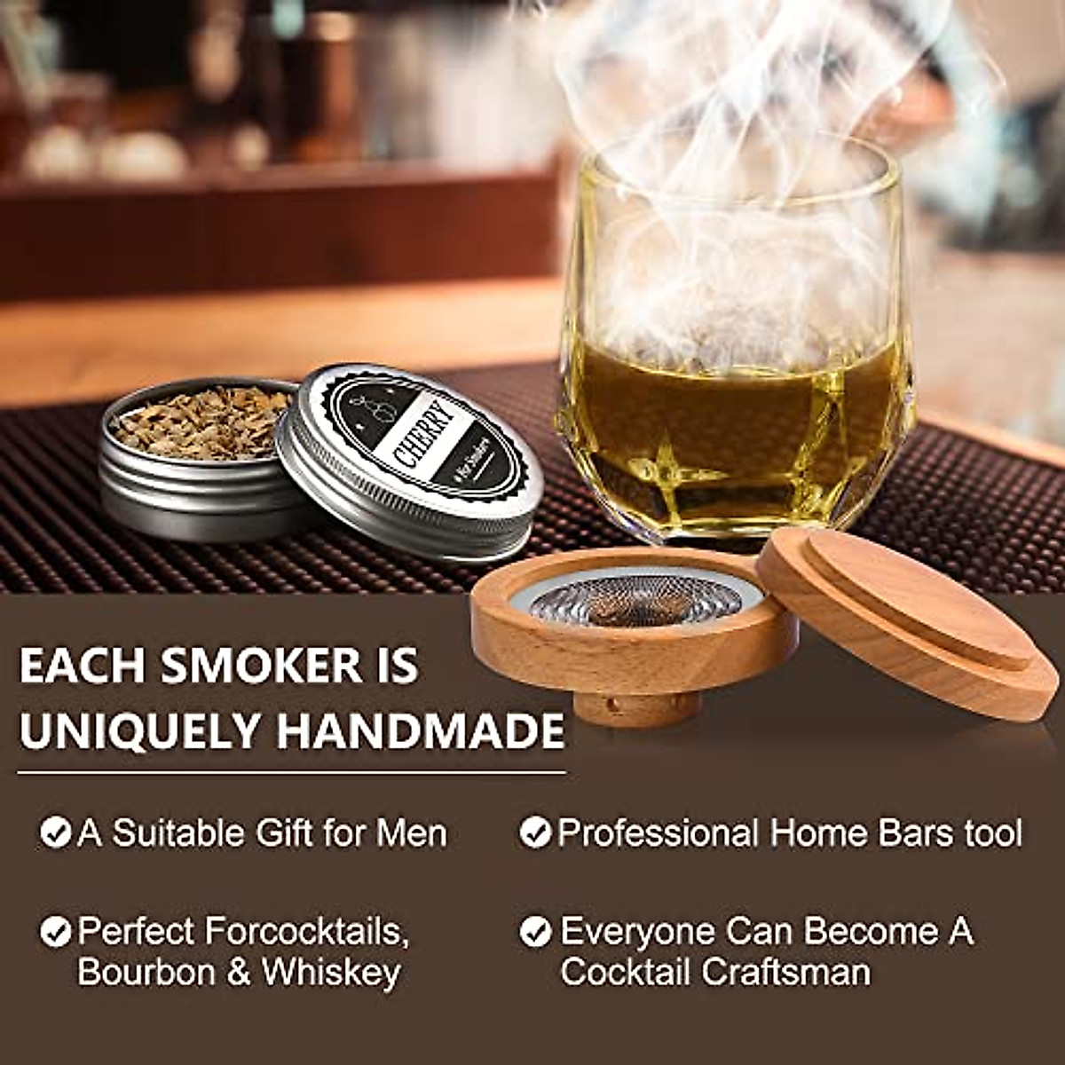 Cocktail Smoker Kit - Bourbon Drink Smoker & 4 Flavors Wood Chips-Old Fashioned Chimney Drink Smoker Kit for Infuse Whiskey, Cocktail, Wine, Meat, Cheese -Gift for Whiskey Lovers, Dad, Husband, Men