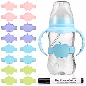 16 Pcs Baby Bottle Labels for Daycare Labels Reusable Waterproof Silicone Water Bottle Name Bands Writable Multi Color Baby Bottle Name Labels Tags Essentials with Dry Erase Marker, 4 Colors