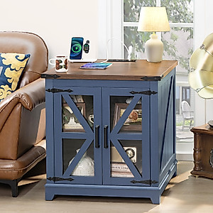 Joaxswe Farmhouse End Table with Charging Station, 24" Large Sofa Side Table with Glass Barn Door, Blue Nightstand with Adjustable Storage Shelf,Wood Square Bedside Table for Living Room,Bedroom