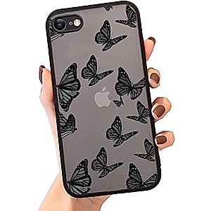 Jusy iPhone 7/8/SE 2020 Black Butterfly Case, Matte Soft TPU Bumper, Cute Print, Hard PC Back for Women & Girls