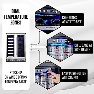 Phiestina Wine Cooler Beverage Refrigerator, 24” Beer Wine Fridge with Dual-Zone Digital Temperature Control, Glass Front Doors and Interior Lighting Holds 20 Bottles and 72 Cans on Removable Shelves