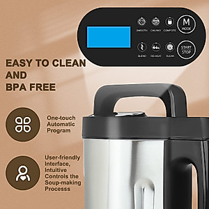 bathivy Soup Maker, Automatical Multi-Function Fresh Soup and Smoothie Make Machine | 2 Liters, 6 Functions, Stainless Steel, LED Display | Blend, Smooth, Chunky, Compote, Pre-heat, Clean (Black)